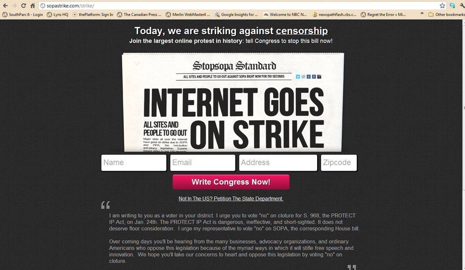 Websites protest SOPA | Globalnews.ca