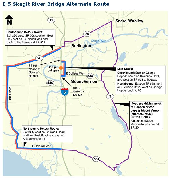 Alternate traffic routes around the I-5 Skagit River Bridge collapse ...