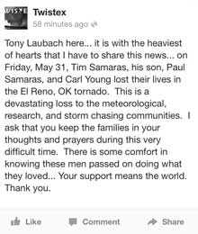 Three seasoned storm chasers die in El Reno tornado - National ...