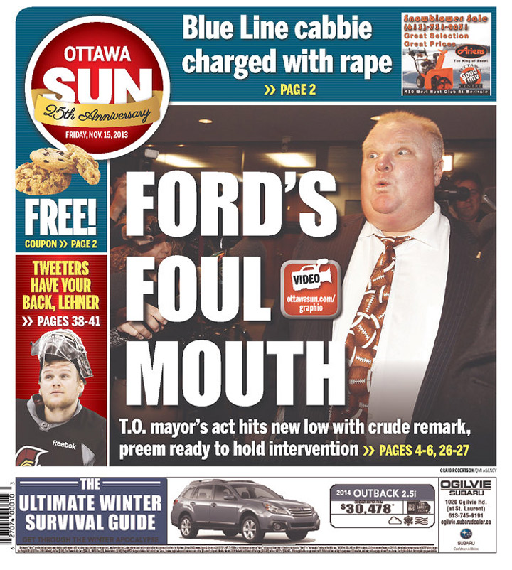Photos: Newspaper headlines day after Toronto Mayor Rob Ford makes lewd ...