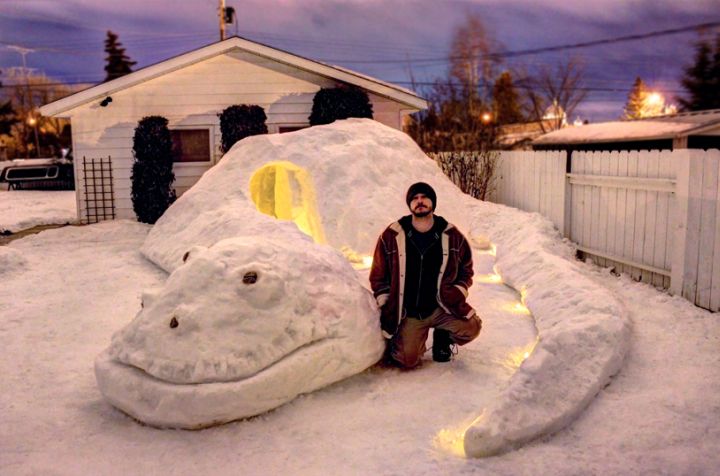 Giant snow dino drawing plenty of attention in Vegreville | Globalnews.ca