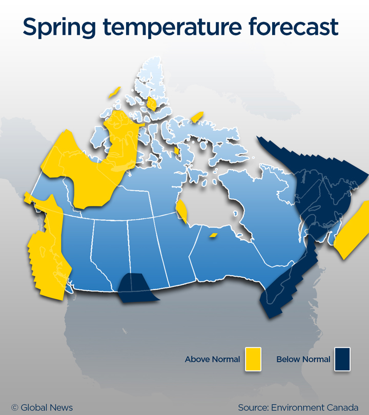 What will spring bring? Warm in the west, cooler in the east ...
