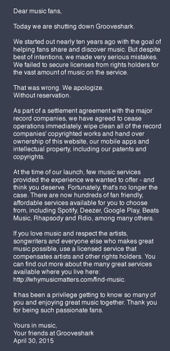 Music streaming website Grooveshark shuts down - National | Globalnews.ca