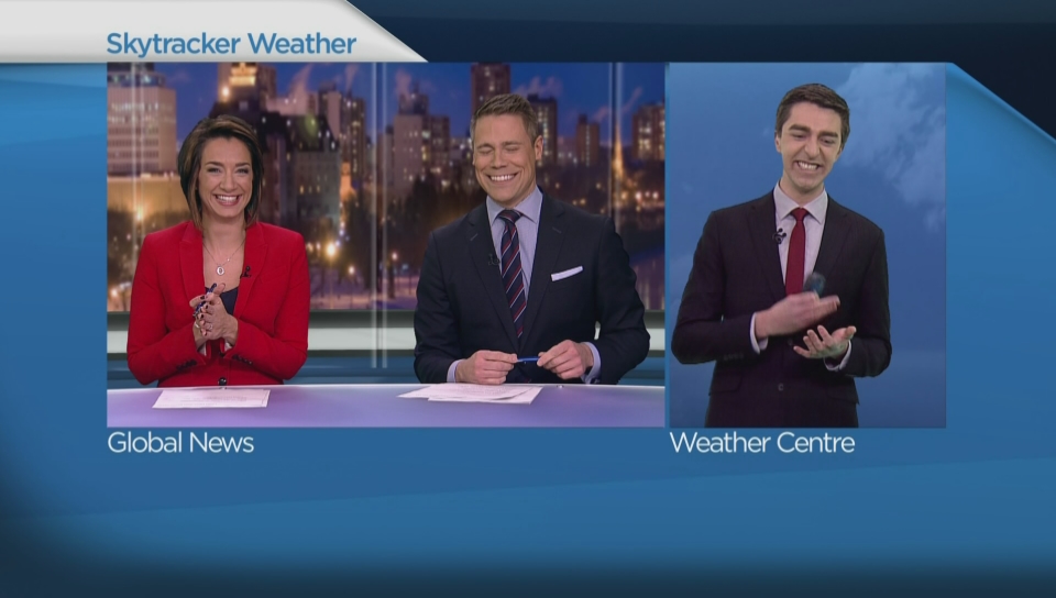 WATCH: Global weatherman serenades co-anchors - Saskatoon | Globalnews.ca