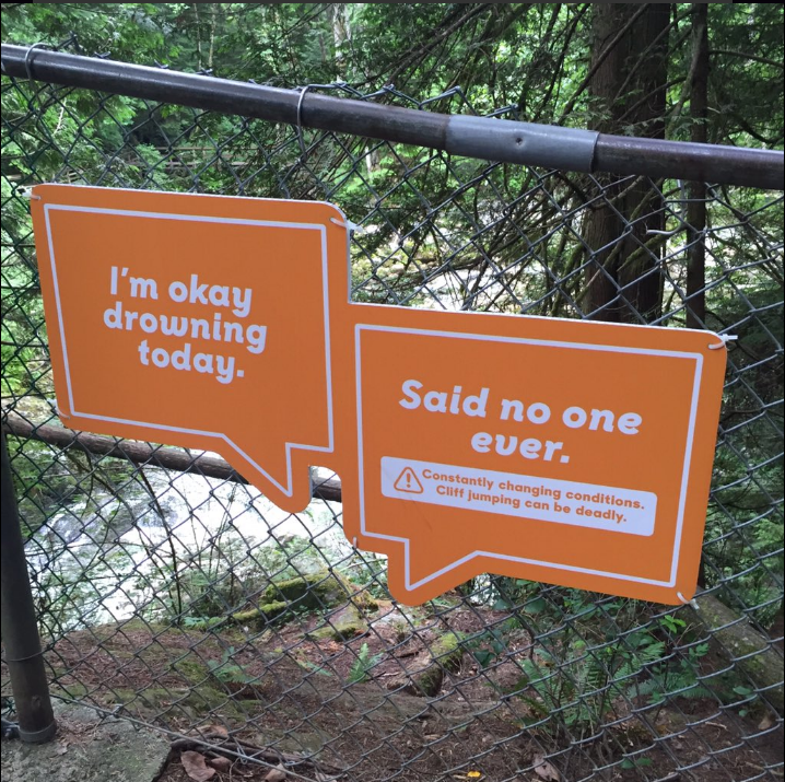 Cheeky new signs warn young people not to dive from Lynn Canyon ...