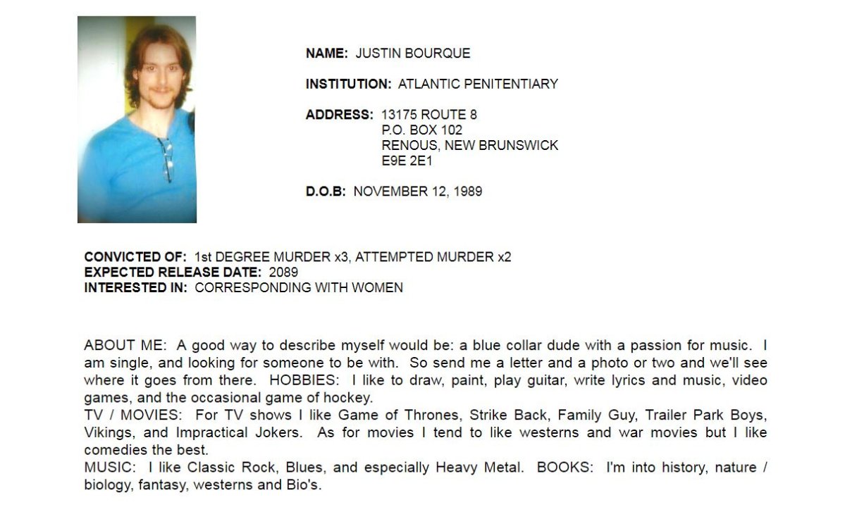 Moncton shooter Justin Bourque posts online profile on inmate ...
