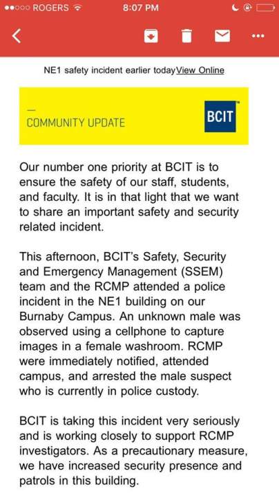 BCIT alerts students after man arrested for allegedly taking photos in ...
