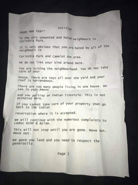 Racist letter tells Leduc family ‘we do not like your kind’ - Edmonton ...