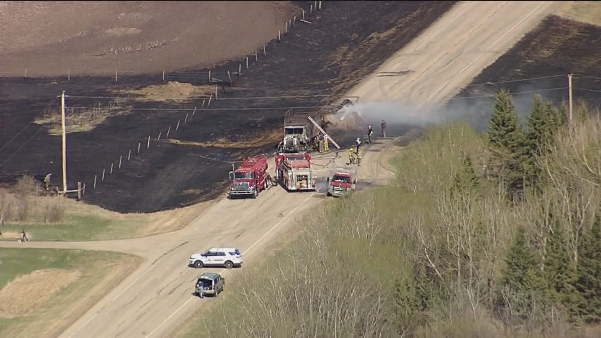 Semi hauling hay bales catches fire south of Edmonton - Edmonton ...