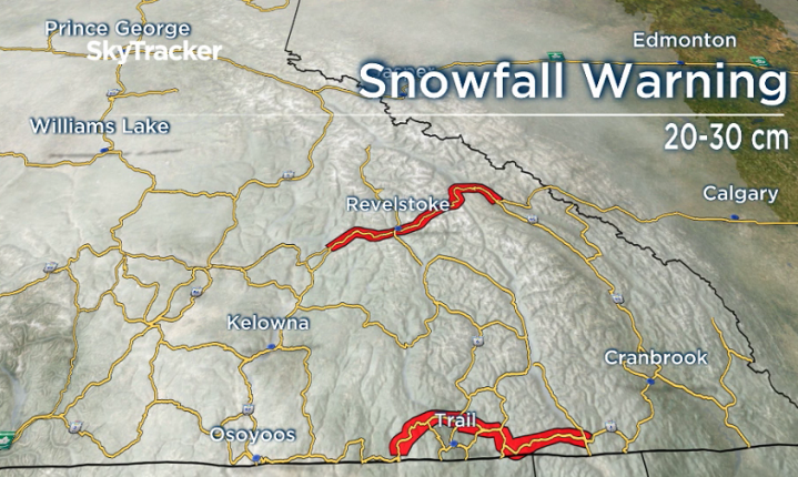 Snowfall warning issued for eastern B.C. highways, freezing rain also ...