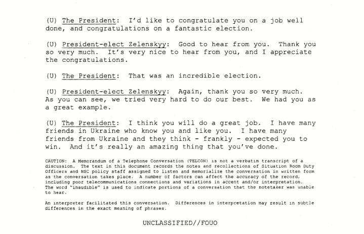 White House releases record of Trump-Zelenskiy phone call - National ...