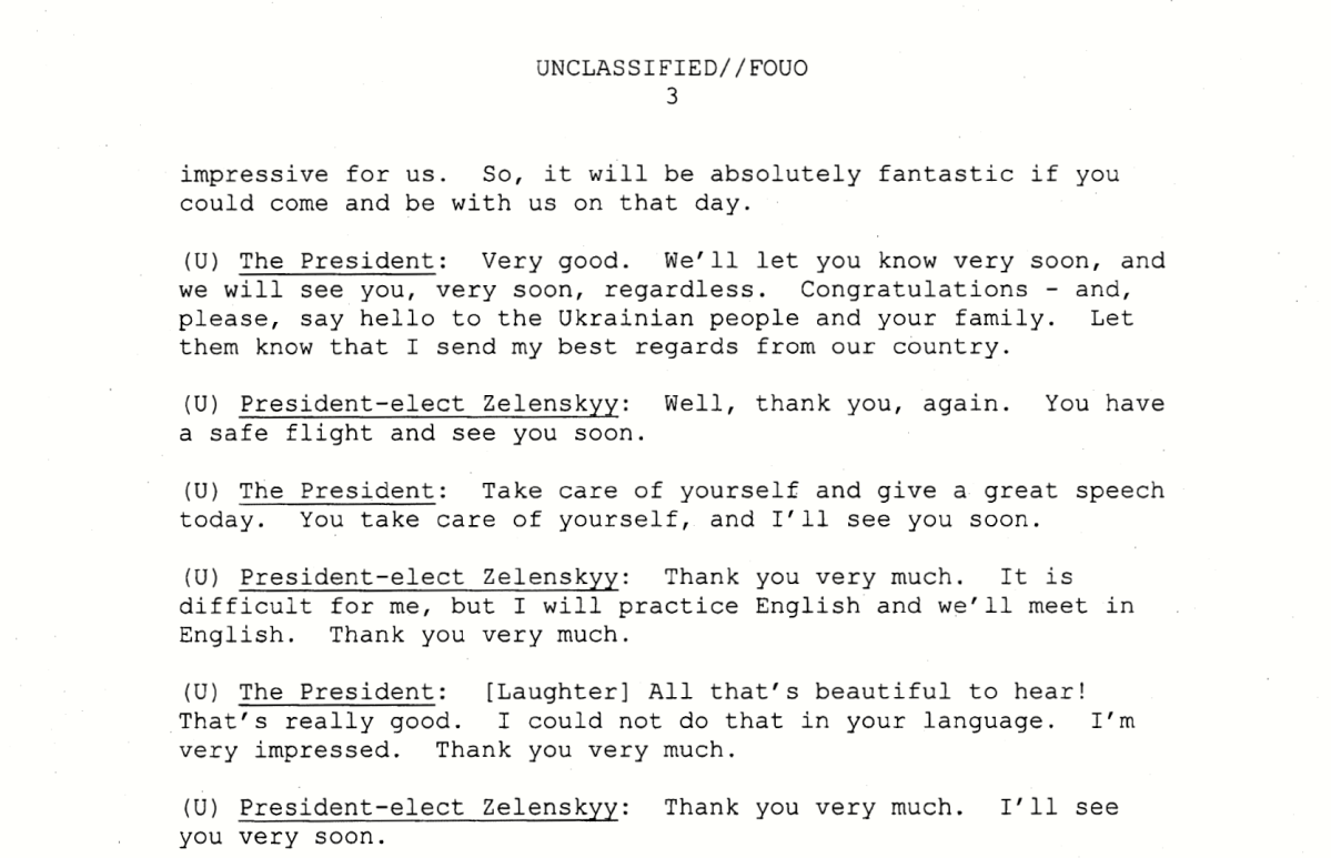 White House releases record of Trump-Zelenskiy phone call - National ...