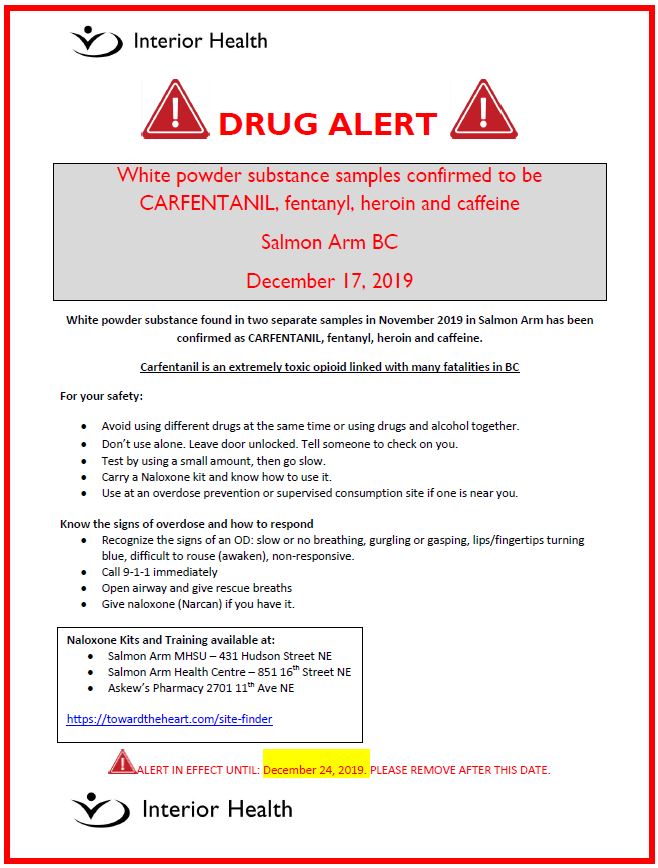 Interior Health issues drug alert after carfentanil detected in Salmon Arm, B.C. drug supply ...