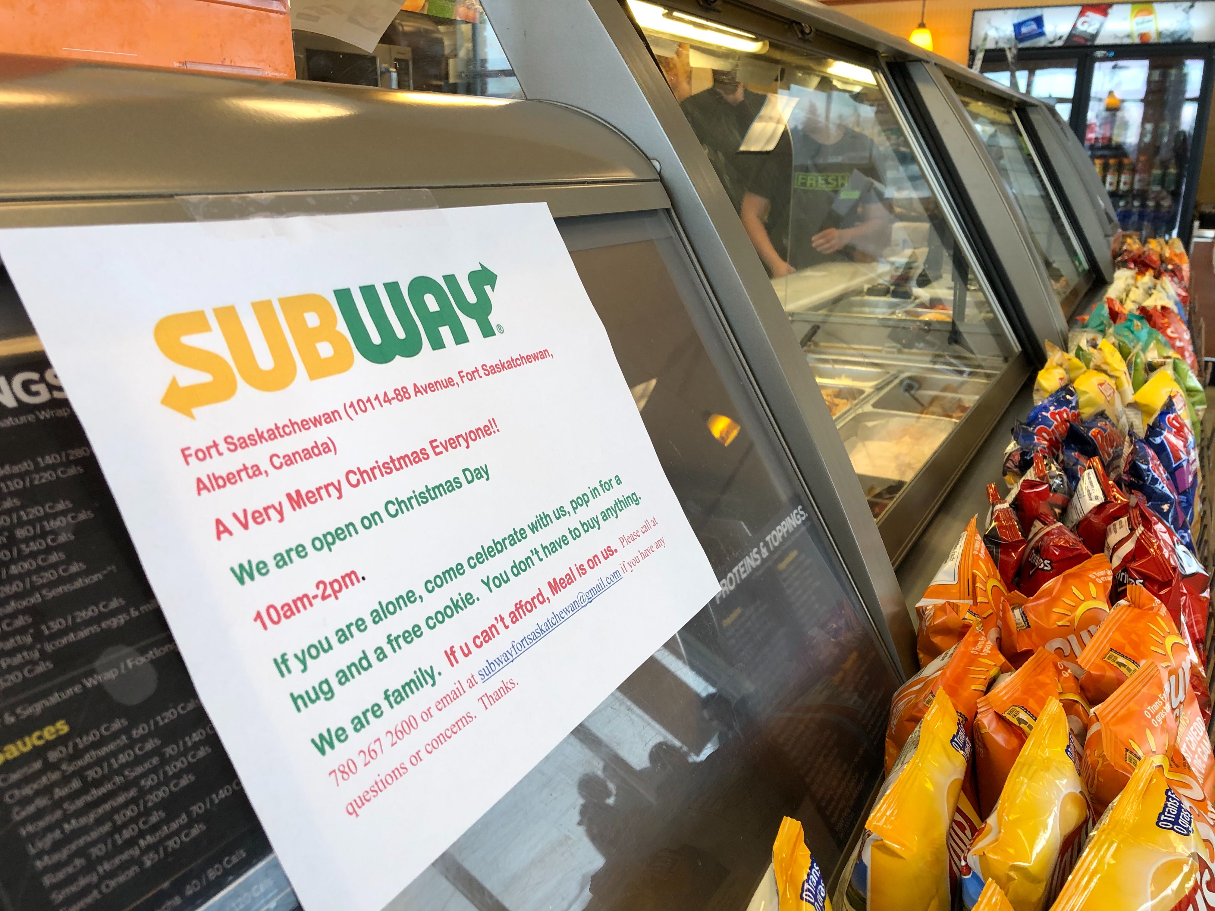 Edmonton-area Subway restaurant offering free food on Christmas: ‘You ...