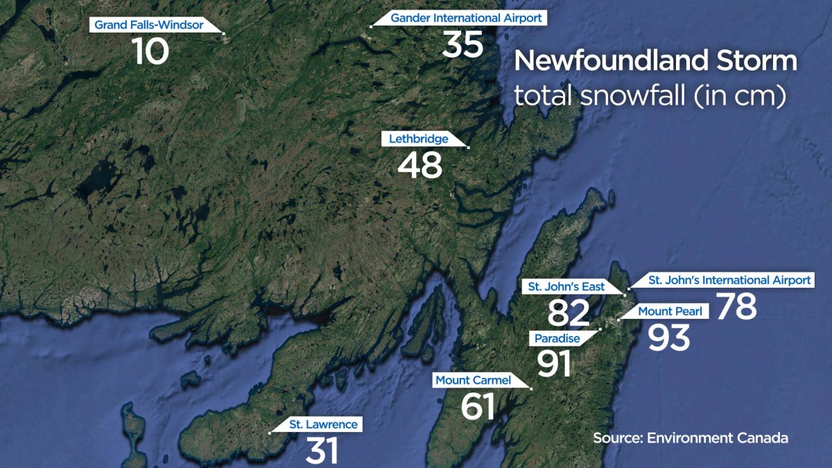 Highest snowfall observed in N.L. storm was 93 cm: Environment Canada | Globalnews.ca