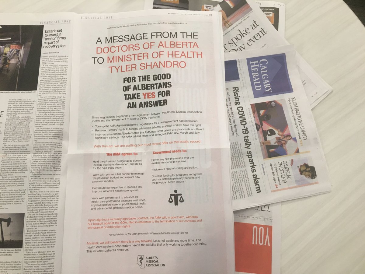Alberta doctors take out newspaper ads in hopes of reaching agreement ...