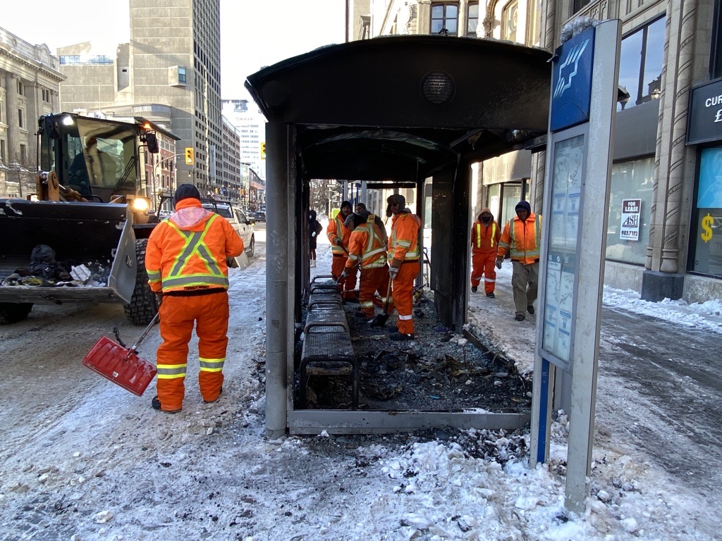 Portage Avenue bus shelter burns in downtown Winnipeg - Winnipeg ...