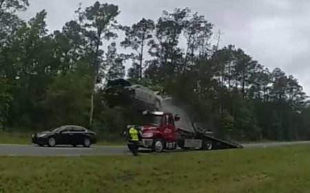 Wild bodycam video shows car sent soaring after hitting tow truck ramp ...