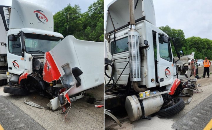 Traffic snarls caused after tractor-trailers collide on Highway 401 near Cambridge Onroute ...