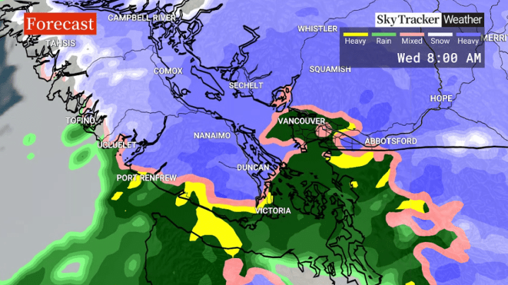 Timeline of the snow set to hit B.C. South Coast on Tuesday | Globalnews.ca