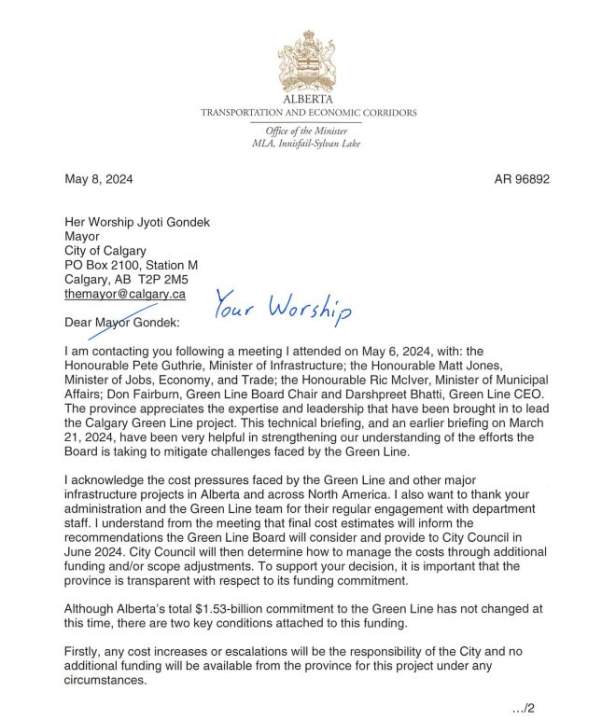 Province threatens Green Line funding in letter to Calgary mayor ...