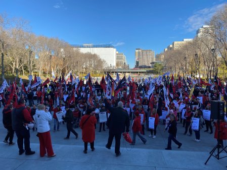 Protest at Alberta legislature over province’s role in support staff ...