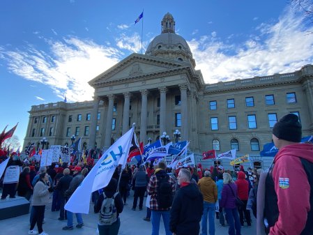 Protest at Alberta legislature over province’s role in support staff ...