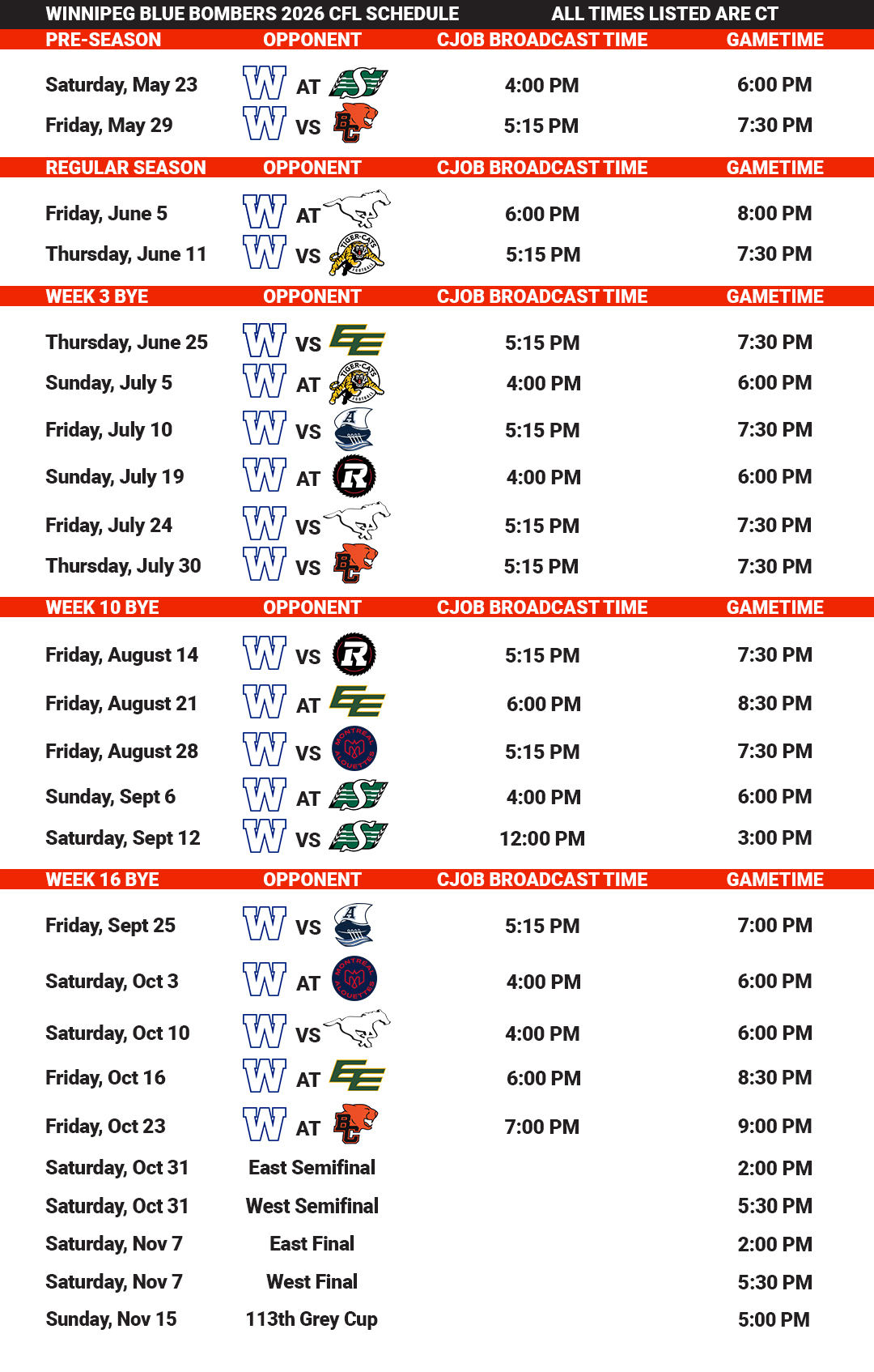 Winnipeg Blue Bombers Schedule 2026